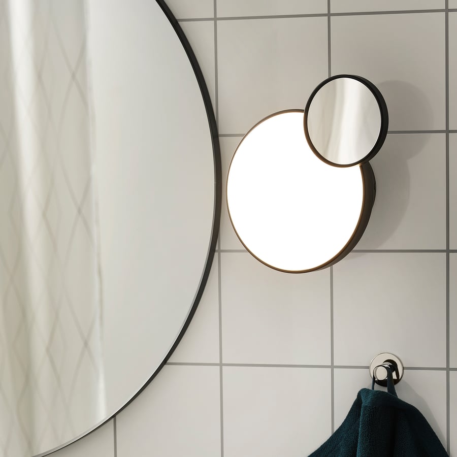 KABOMBA LED wall lamp with mirror, dimmable matt/black, 20 cm - IKEA