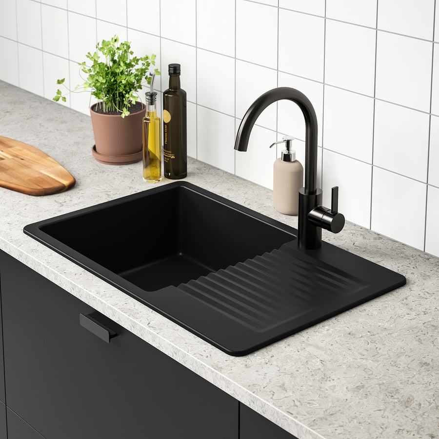 KILSVIKEN inset sink, 1 bowl with drainboard, black/quartz composite ...