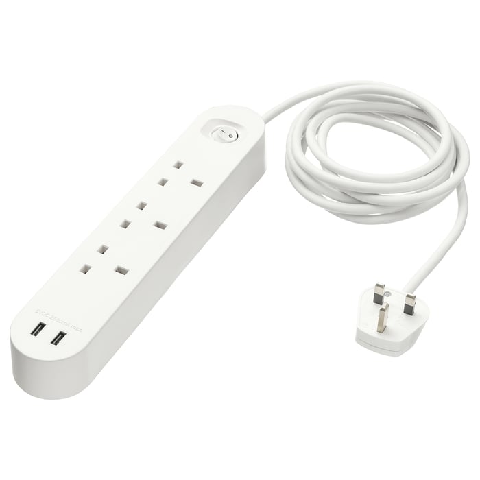 KOPPLA 3-way socket with 2 USB ports, white, 3.0 m - IKEA