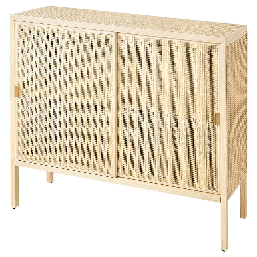 STOCKHOLM 2025 cabinet with sliding doors, rattan/pine, 125x47x110 cm ...