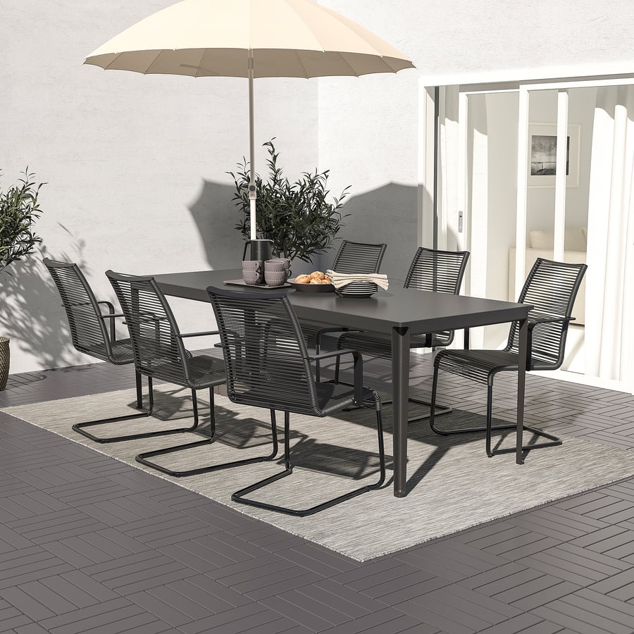 TEGELÖN / VÄSMAN table+6 chairs w armrests, outdoor, dark grey/black ...