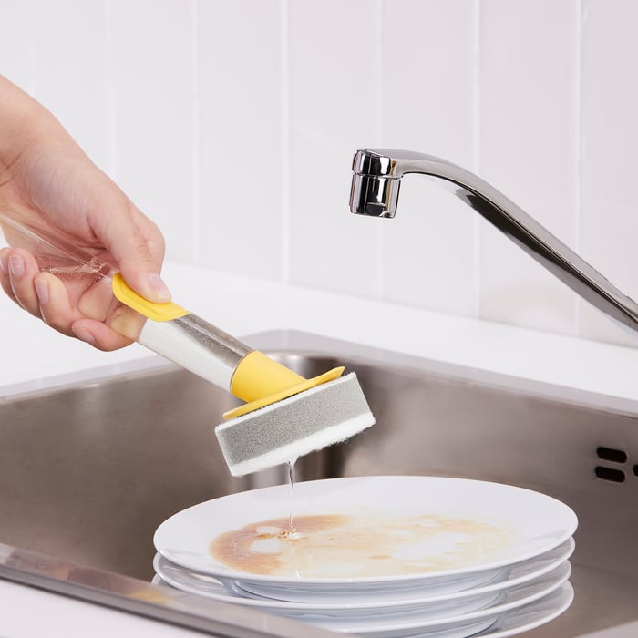 VIDEVECKMAL 3-piece dish sponge set w dispenser, bright yellow - IKEA