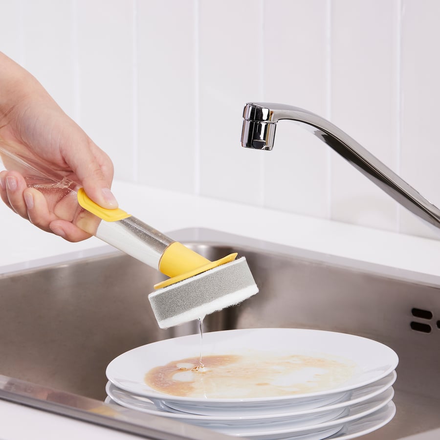 VIDEVECKMAL 3-piece dish sponge set w dispenser, bright yellow - IKEA