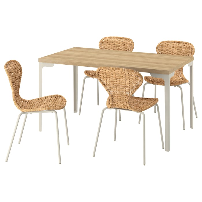 SKÅLSTA table and 4 chairs, oak effect straight light grey-beige/rattan ...