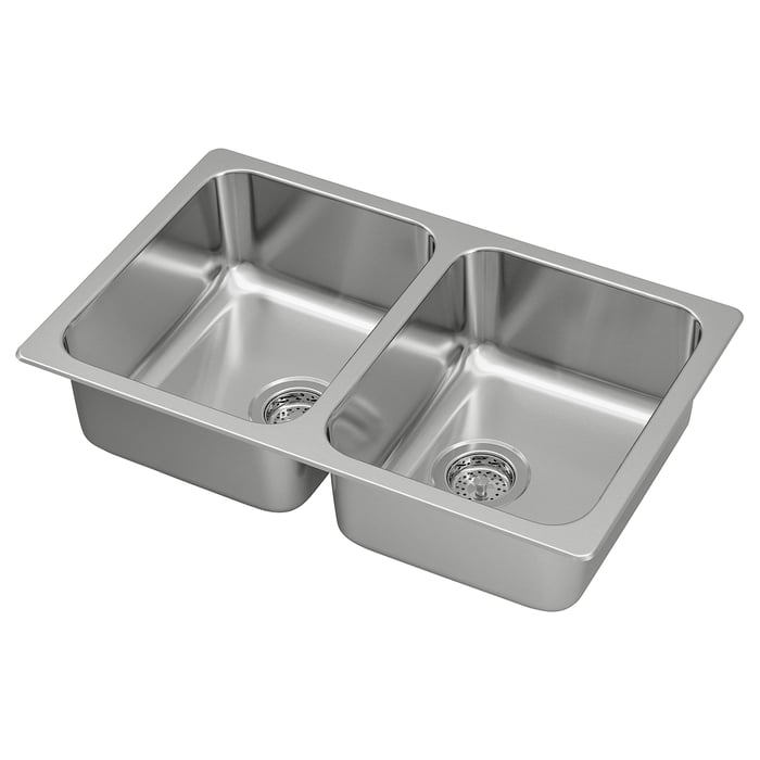 HILLESJÖN inset sink, 2 bowls, stainless steel, 75x46 cm - IKEA