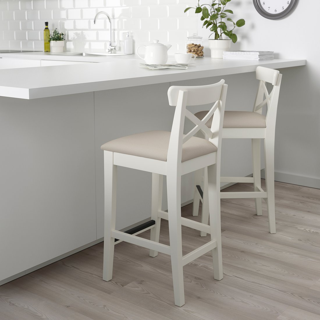 INGOLF bar stool with backrest, white/Hallarp beige, 65 cm - IKEA