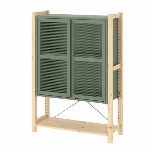IVAR cabinet with doors, pine/grey-green mesh, 89x30x124 cm - IKEA