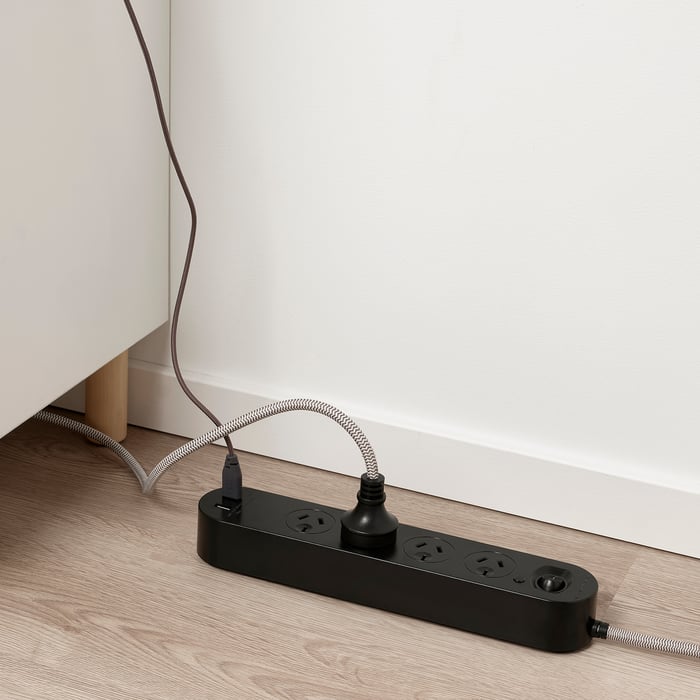 KOPPLA 4-way socket with 2 USB ports, black/white/textile, 3.0 m - IKEA