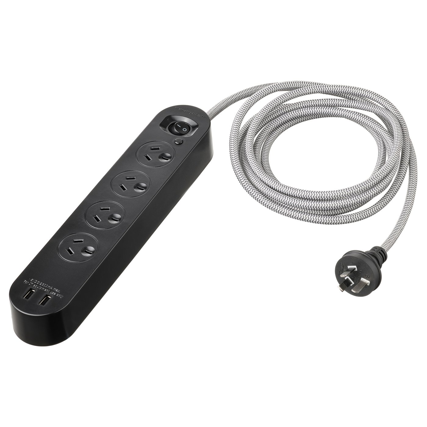 KOPPLA 4-way socket with 2 USB ports, black/white/textile, 3.0 m - IKEA