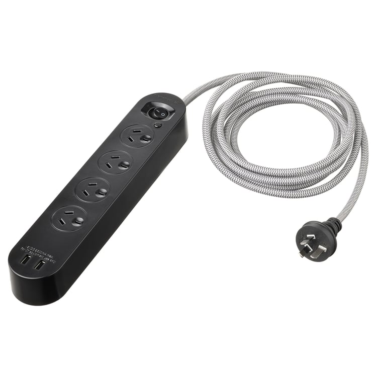 KOPPLA 4-way socket with 2 USB ports, black/white/textile, 3.0 m - IKEA