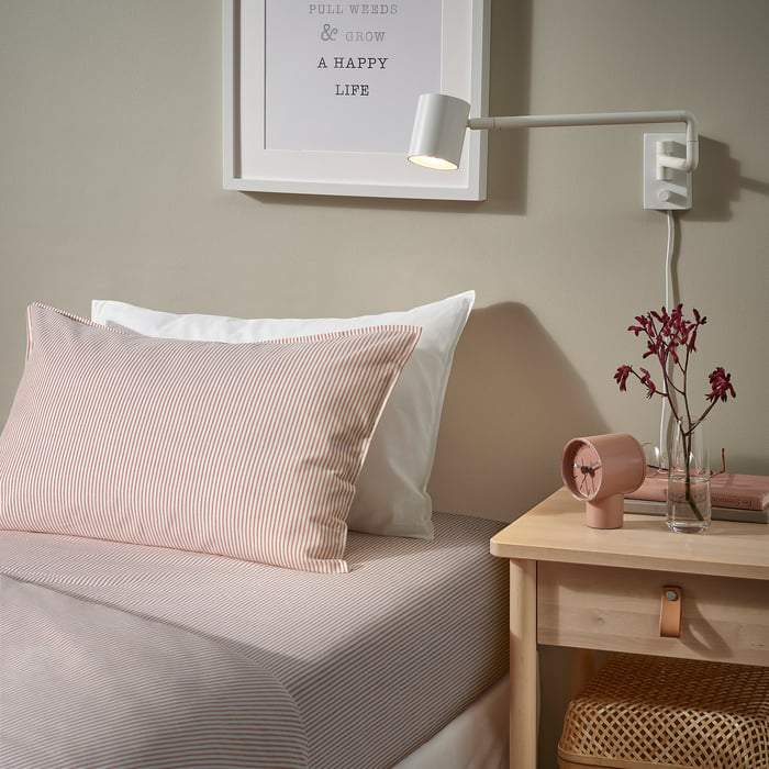 SOLFIBBLA fitted sheet, white red/stripe, Queen - IKEA