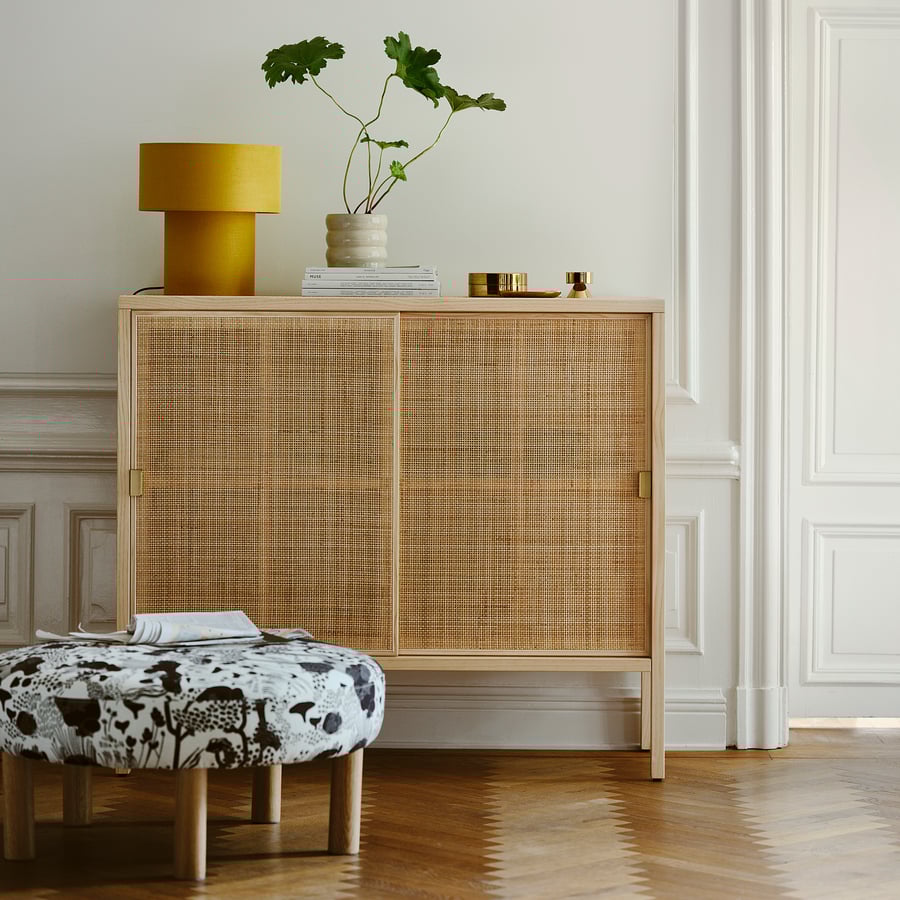 STOCKHOLM 2025 cabinet with sliding doors, rattan/pine, 125x47x110 cm ...