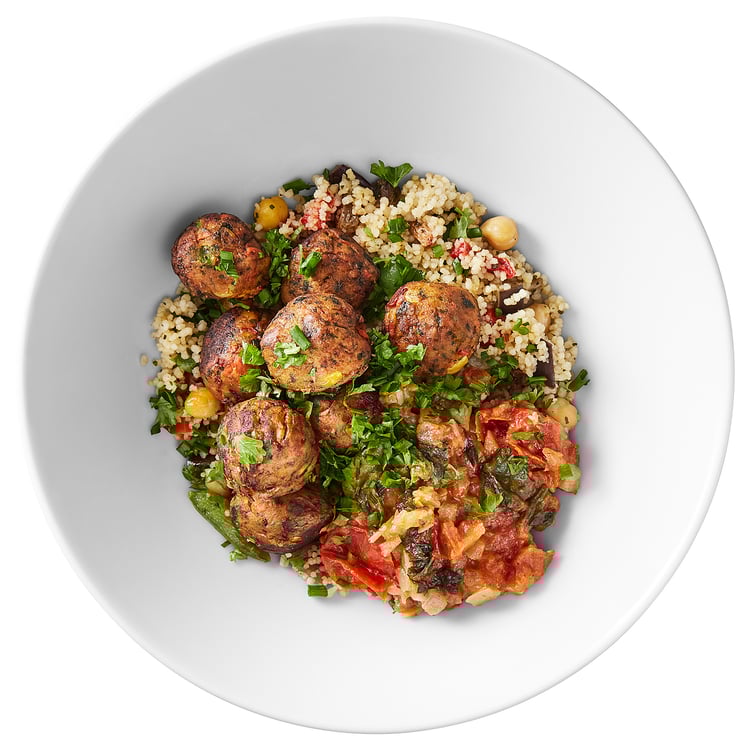 Veggie balls, couscous grilled veggies/tomato and spinach ragout - IKEA