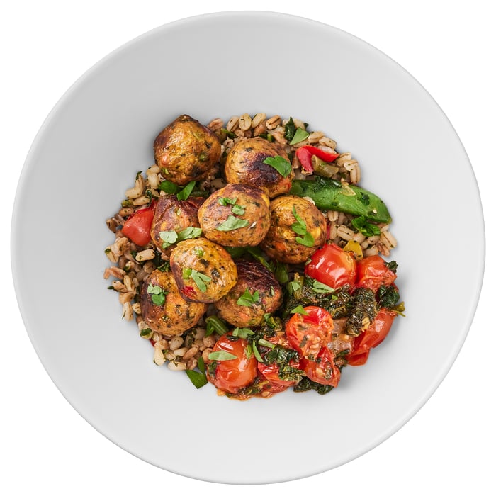 Veggie balls, couscous grilled veggies/tomato and spinach ragout - IKEA