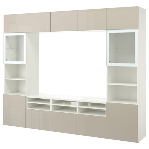BESTÅ rangement TV/vitrines, blanc/Selsviken brillant/beige verre transparent, 300x42x231 cm ...