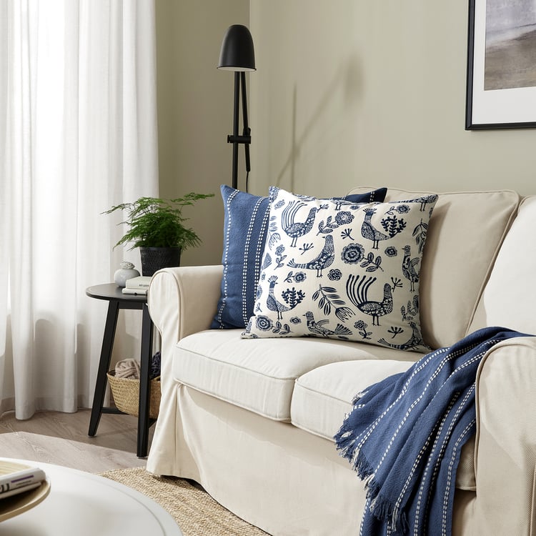 KRUTBRÄNNARE cushion cover, natural blue/Birds floral pattern, 50x50 cm ...