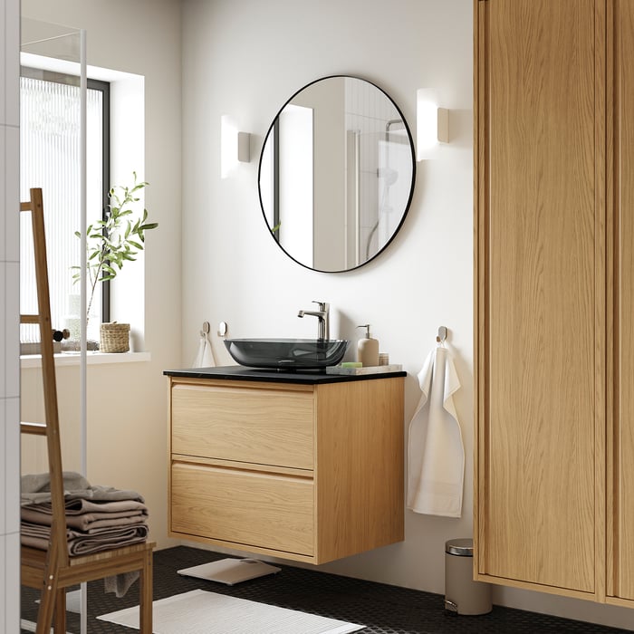 ÄNGSJÖN / OXMYREN sink cab w drawers/sink/tap, oak effect/black marble ...