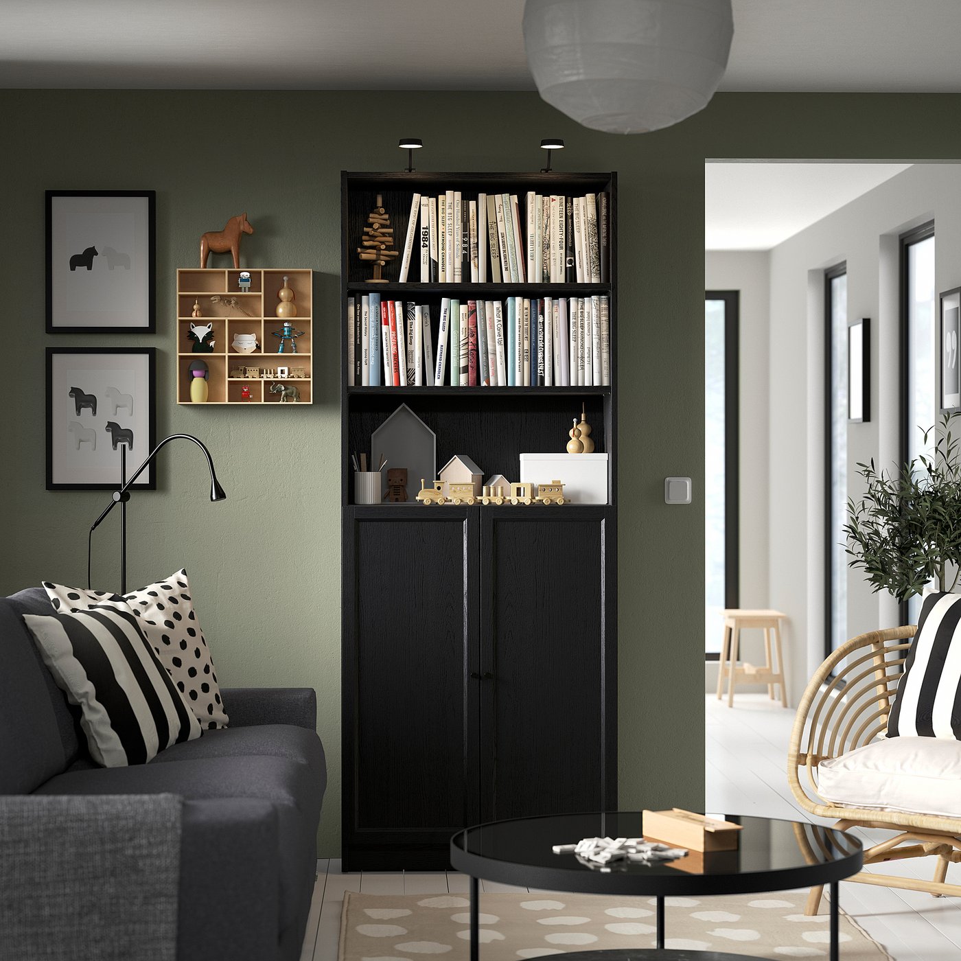 BILLY OXBERG Bookcase with doors black oak effect 80x30x202 cm 31 1 2x11 3 4x79 1 2