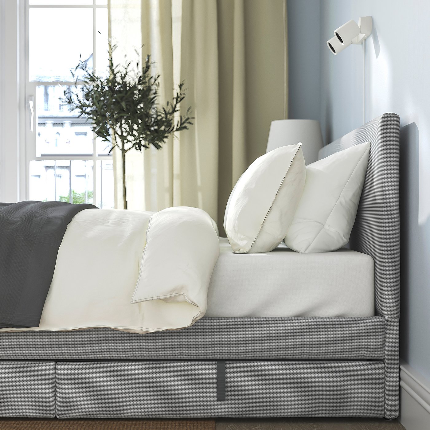 Upholstered light grey bed store