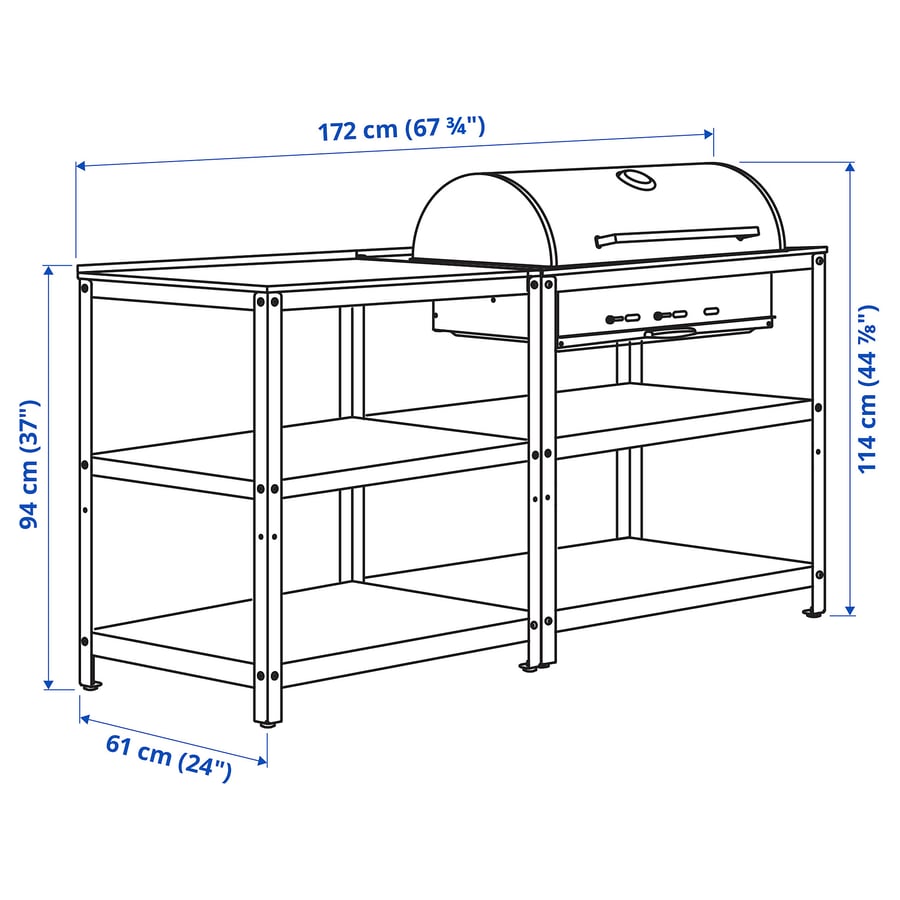 GRILLSKÄR kitchen with charcoal bbq, outdoor, stainless steel, 172x61 ...