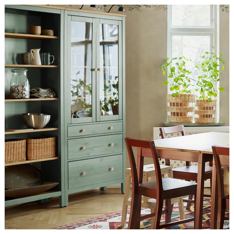 HEMNES storage combination w doors/drawers, gray-green/light brown ...