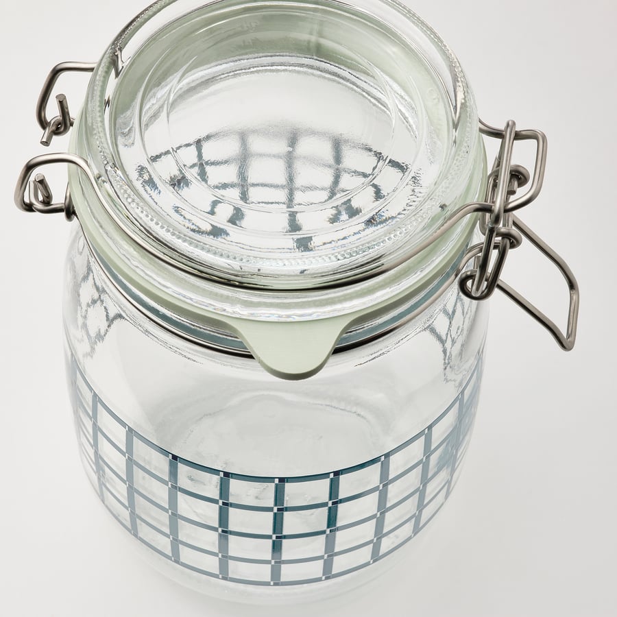 KORKEN Jar with lid - clear glass/check pattern gray-blue - IKEA CA