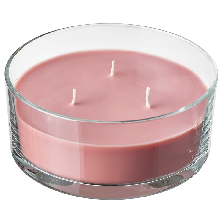LOTSFÅGEL scented candle in glass, 3 wicks, Red berries light pink, 25 ...