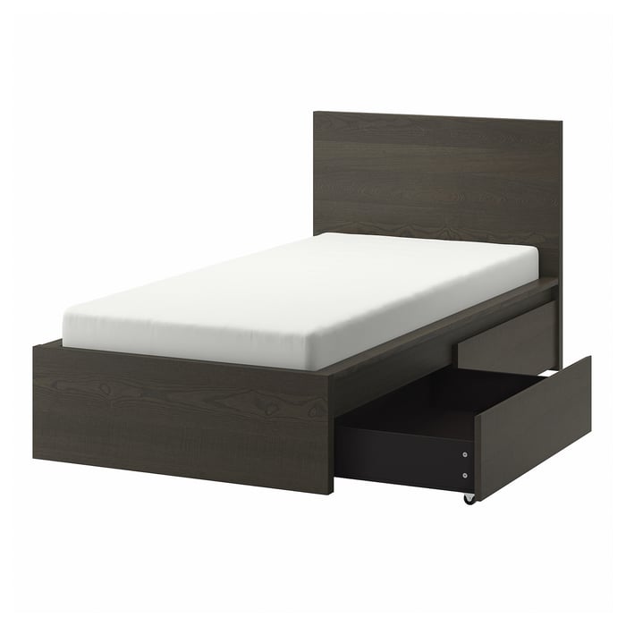 MALM high bed frame/2 storage boxes, dark brown veneer, Twin - IKEA CA