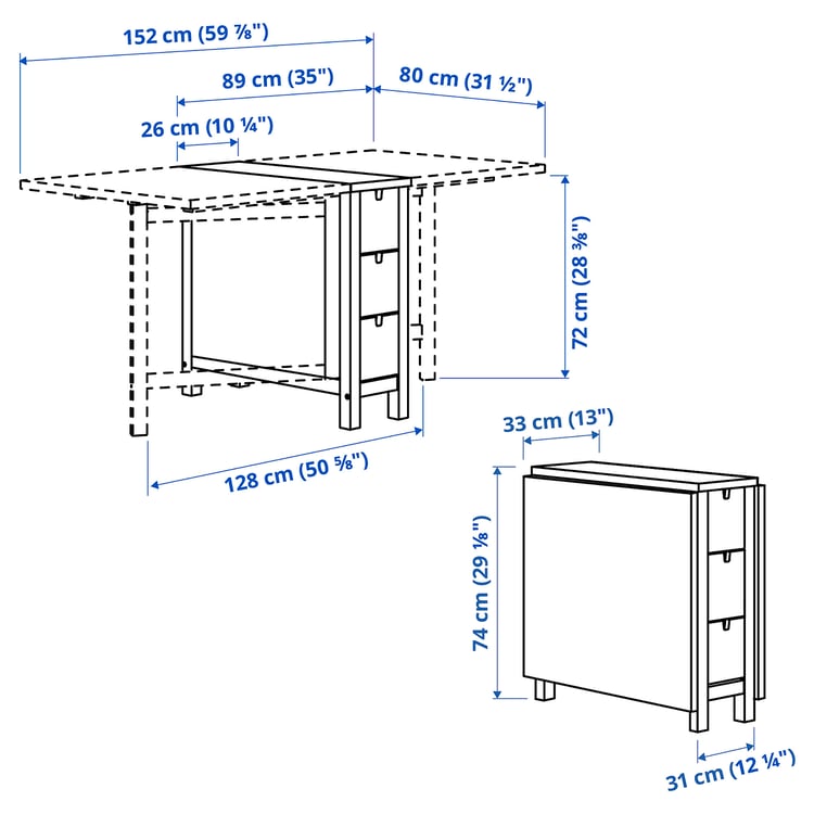 NORDEN gateleg table, birch, 26/89/152x80 cm (101/4/35/597/8x311/2 ...
