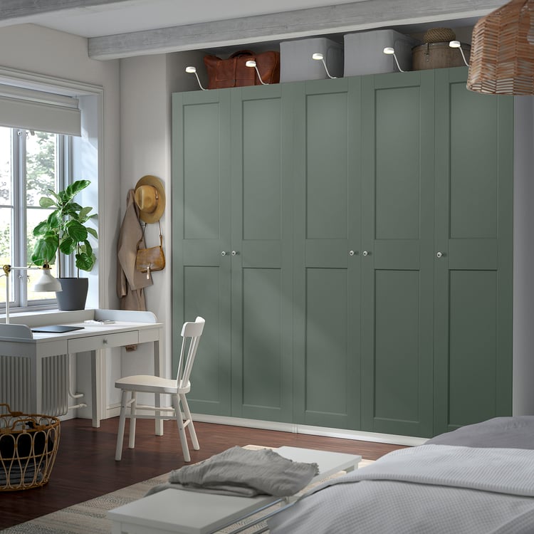 PAX / GRIMO wardrobe combination, white/gray-green, 250x60x236 cm (983/8x235/8x931/8") - IKEA CA