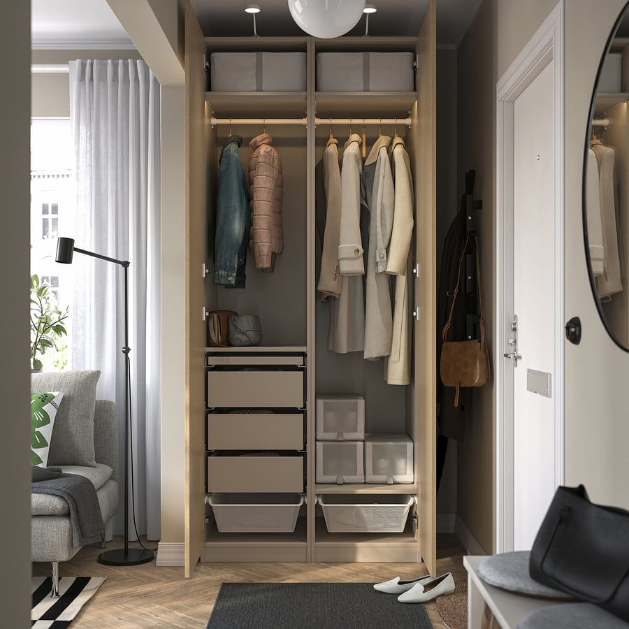 PAX / TONSTAD wardrobe combination, gray-beige/oak veneer, 100x60x236 ...