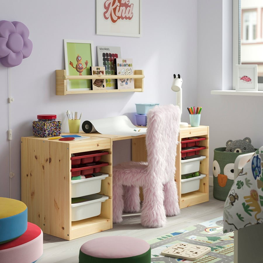 TROFAST desk with storage boxes/trays, light white stained pine/red ...