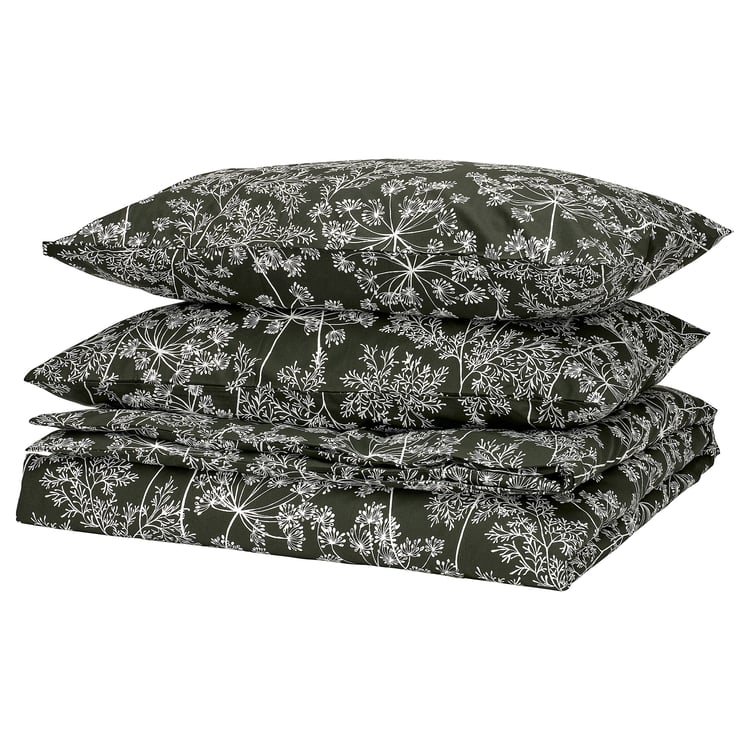 DAGGBJÖRNBÄR housse de couette et taie(s), vert foncé/motif floral ...