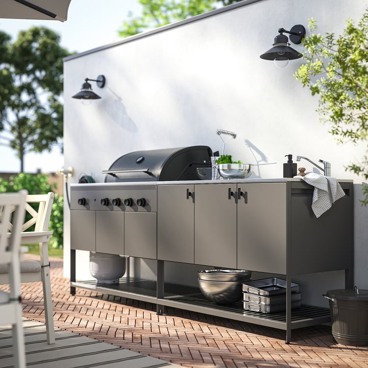 BÅTSKÄR outdoor kitchen w gas bbq+sink unit, dark grey, 240x60 cm ...