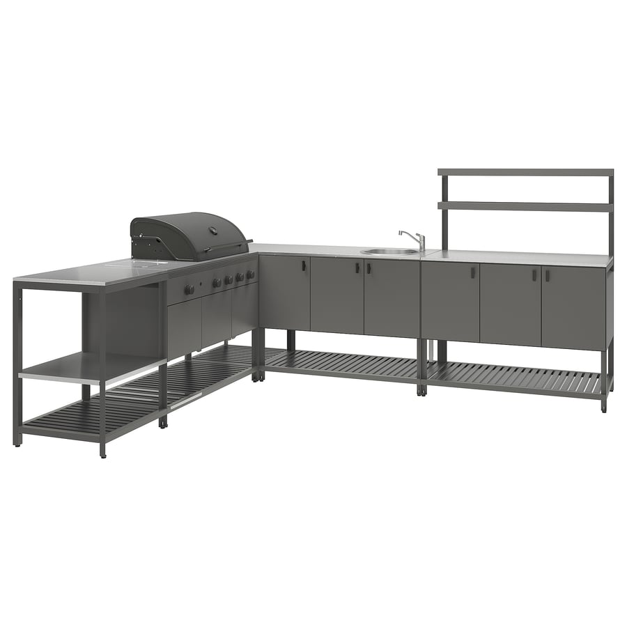 BÅTSKÄR outdoor kitchen w gas bbq+sink unit, dark grey, 240x300 cm ...