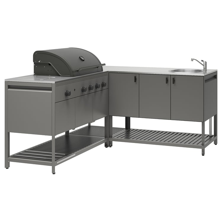 BÅTSKÄR outdoor kitchen w gas bbq+sink unit, dark grey, 180x180 cm ...