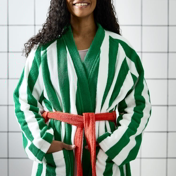 SKOGSSALLAT bath robe, green/white/striped, S/M - IKEA Switzerland