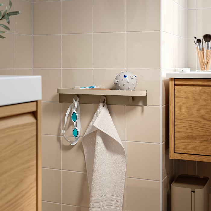 FLORSJÖN nástěnná police se 3 háčky, béžová, 40x7 cm - IKEA