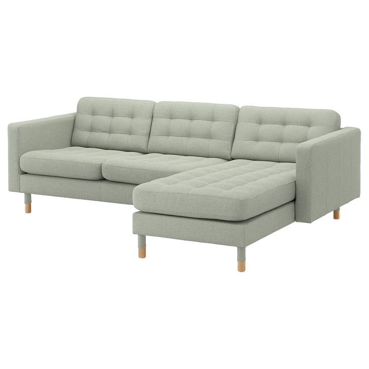 LANDSKRONA 3místná pohovka, s lenoškou/Gunnared světle zelená/dřevo - IKEA