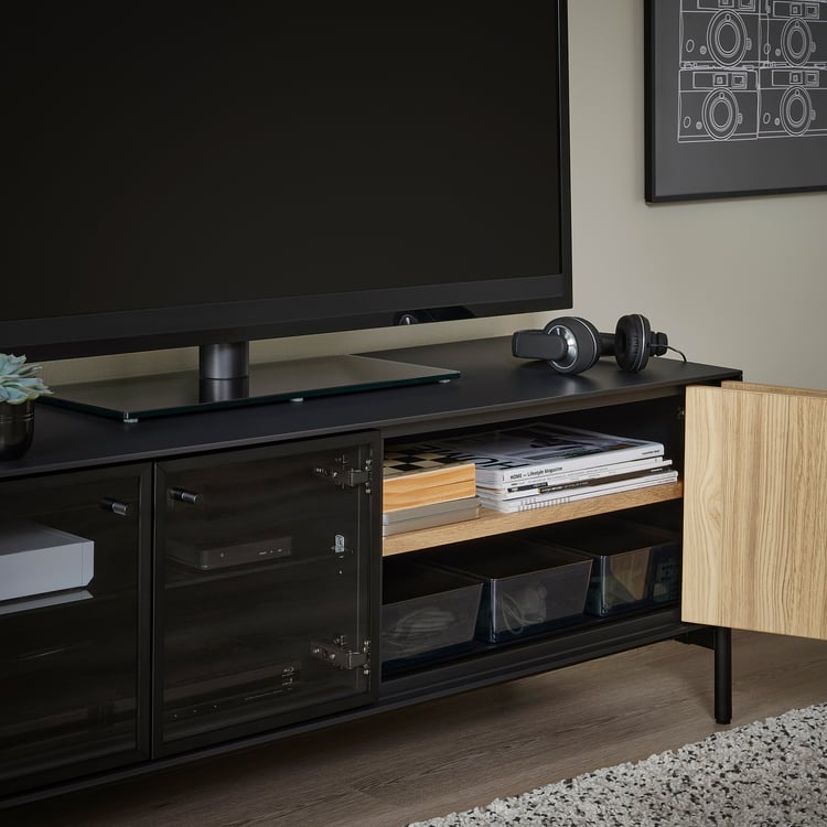 BOASTAD TV bench, black/oak veneer, 121x42x45 cm - IKEA