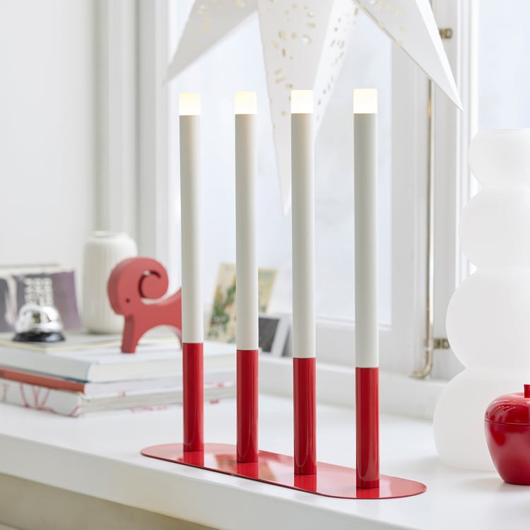 STRÅLA Christmas LED candelabra, candle-shaped battery-operated/red - IKEA