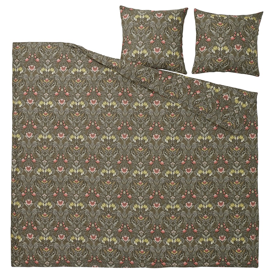 KÄRRDUNÖRT Bettwäsche-Set, 3-teilig, dunkelgrün/bunt, 240x220/80x80 cm ...
