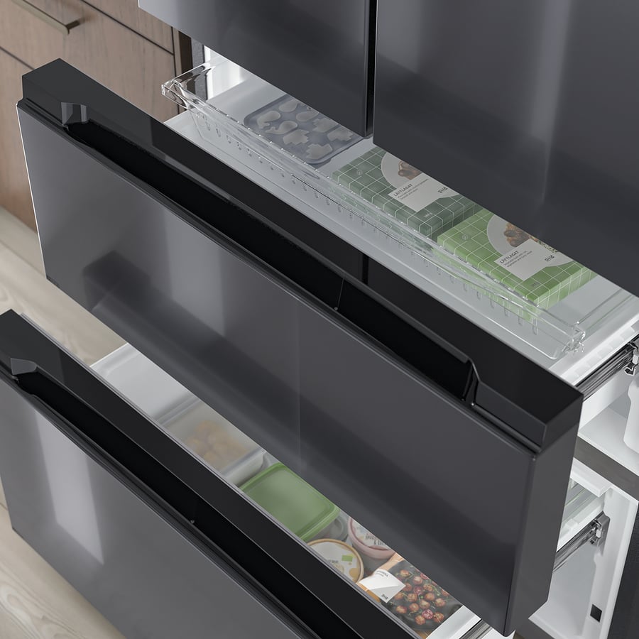 RIBBENÅS Kühl-/Gefrierschrank doppeltürig, IKEA 700 frei stehend/schwarz Edelstahl, 347/169 l ...