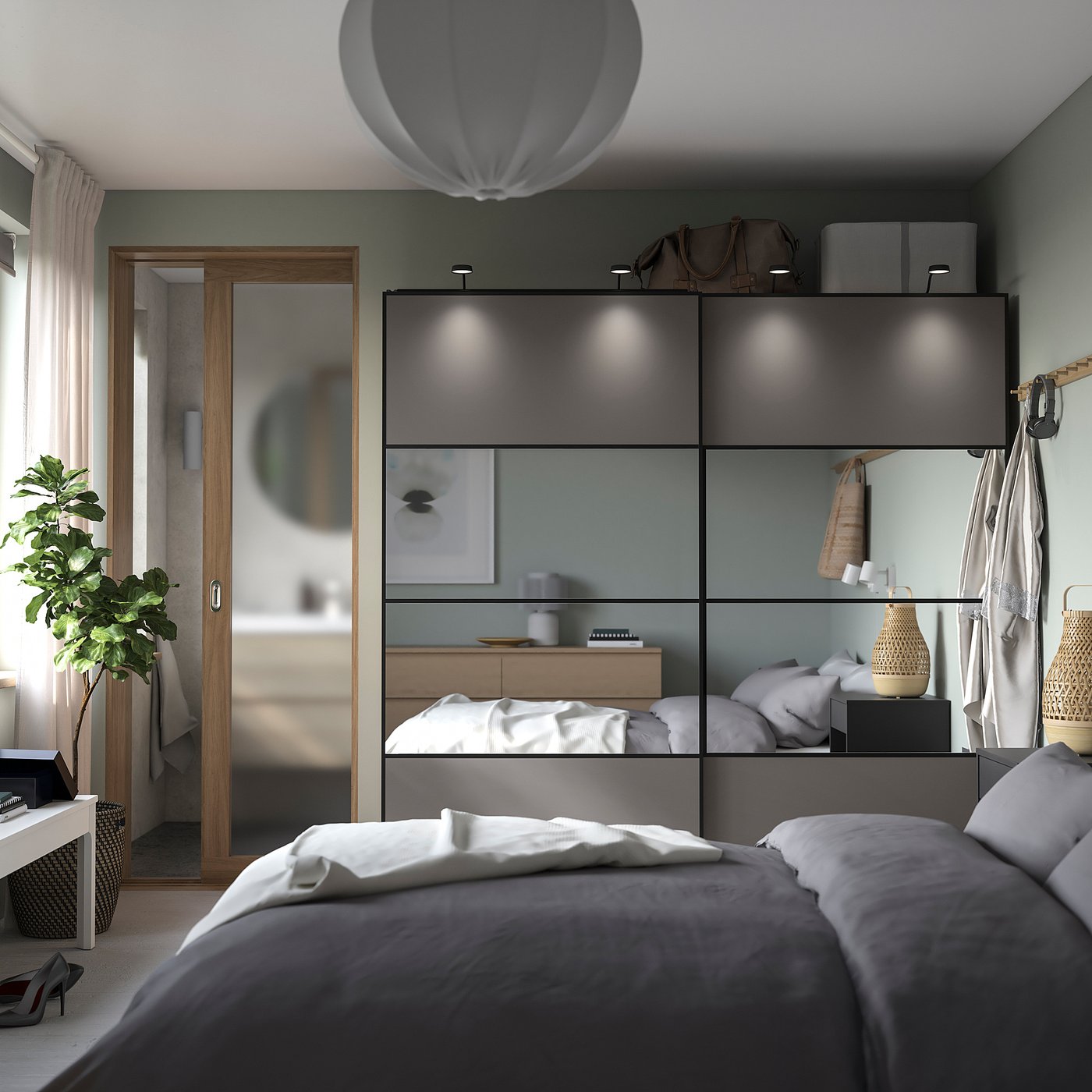 AULI MEHAMN Pair of sliding doors black mirror glass double sided dark grey 150x201 cm