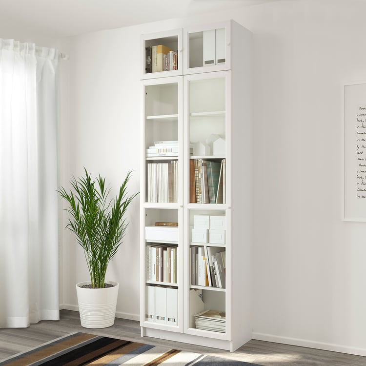 BILLY / OXBERG bookcase w height extension ut/drs, white/glass ...