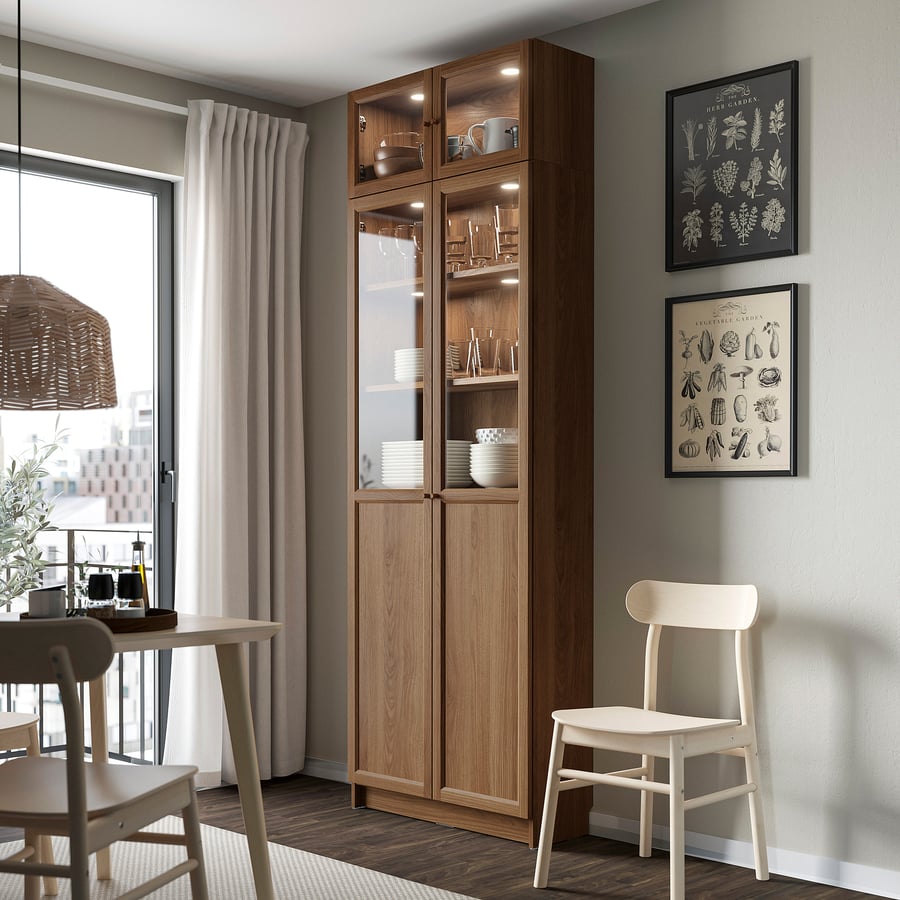 BILLY / OXBERG bookcase with glass doors, brown walnut effect/clear ...