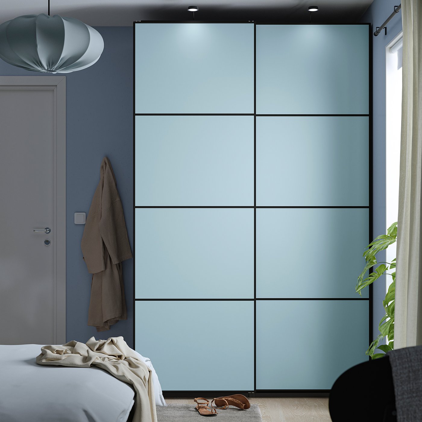 PAX MEHAMN wardrobe with sliding doors dark grey double sided light blue 150x66x236 cm IKEA Germany