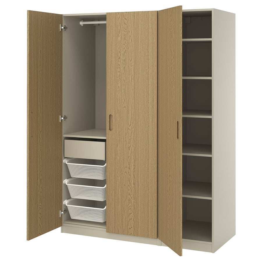PAX / TONSTAD wardrobe combination, grey-beige/oak veneer, 150x60x201 ...