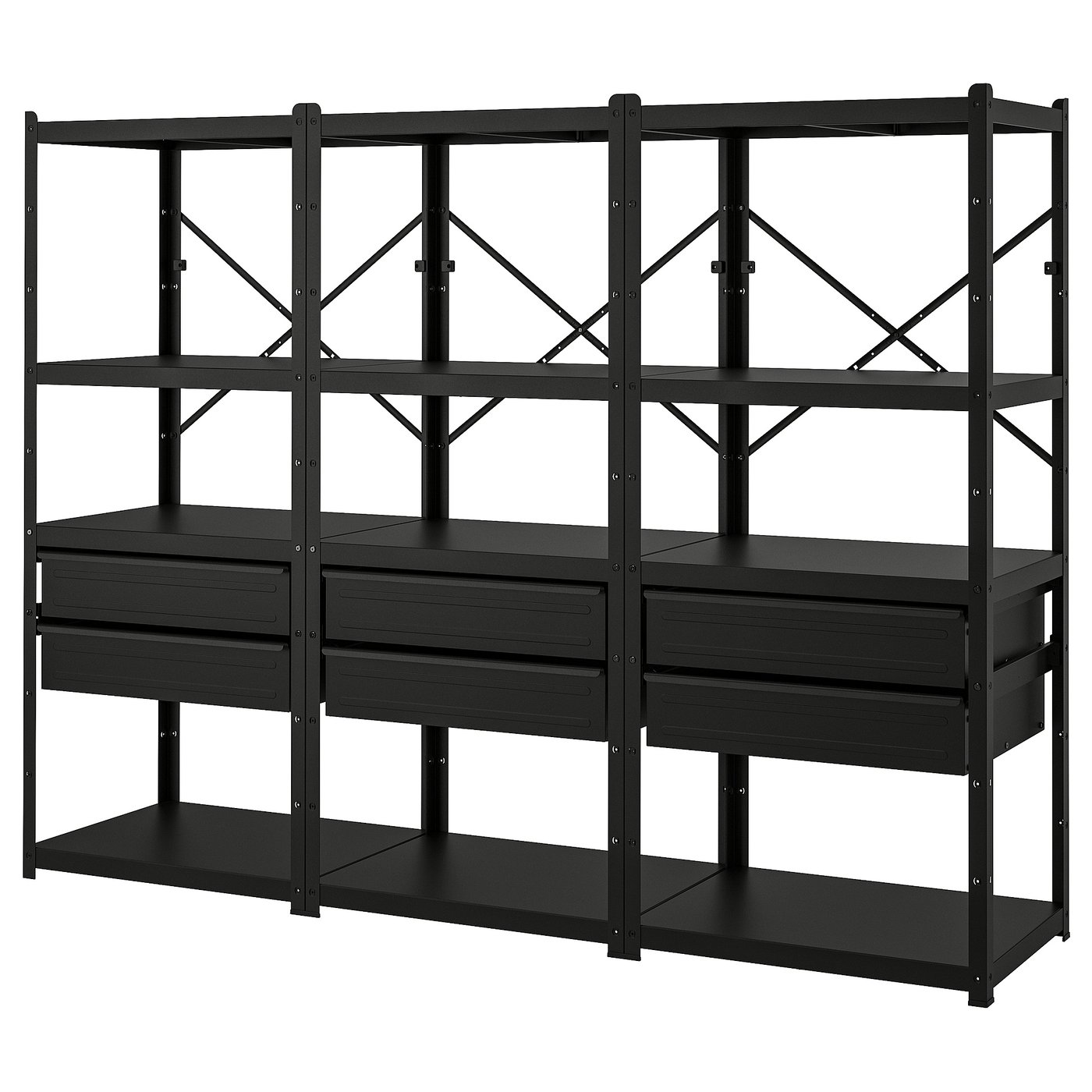 BROR reol med skuffer/hylder, sort, 254x55x190 cm - IKEA