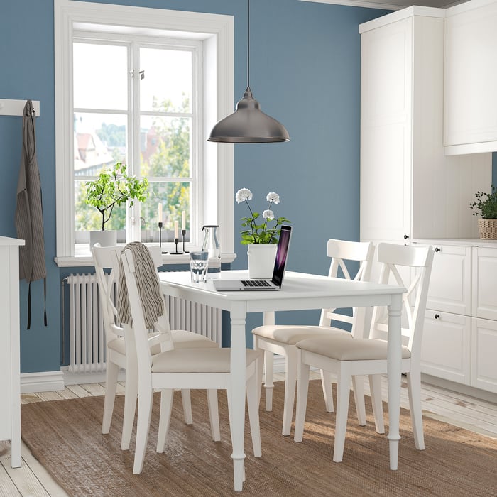 DANDERYD / INGOLF table and 4 chairs, white/Hallarp beige, 130 cm - IKEA